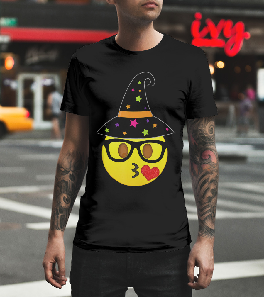 Funny Halloween Witch Hat Emoji Nerd Glasses Kissy Face T-Shirt