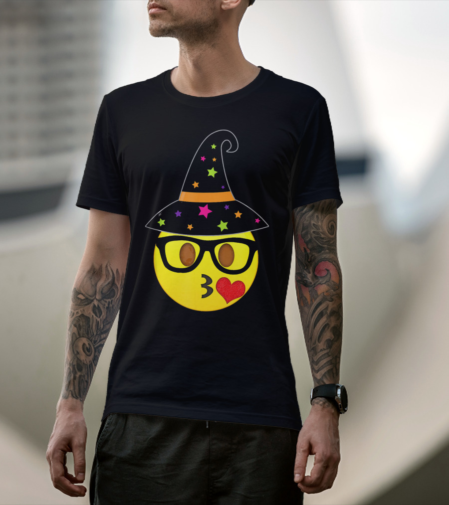 Funny Halloween Witch Hat Emoji Nerd Glasses Kissy Face T-Shirt