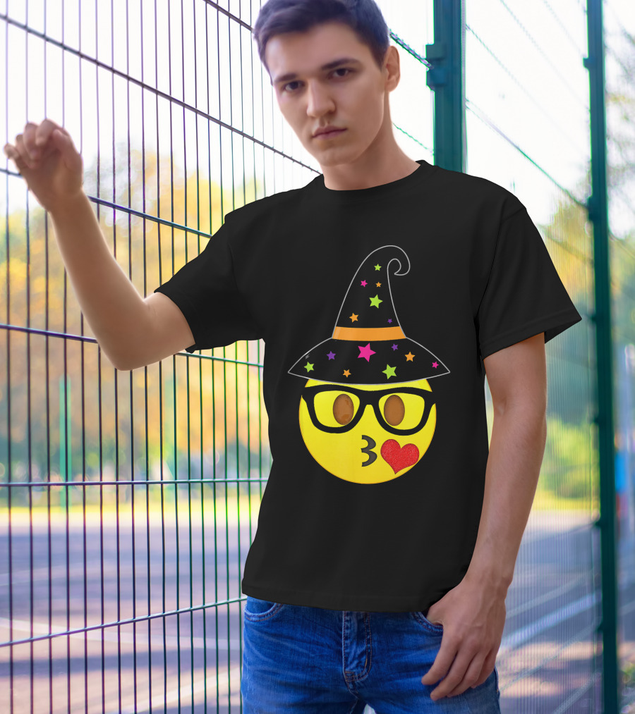 Funny Halloween Witch Hat Emoji Nerd Glasses Kissy Face T-Shirt