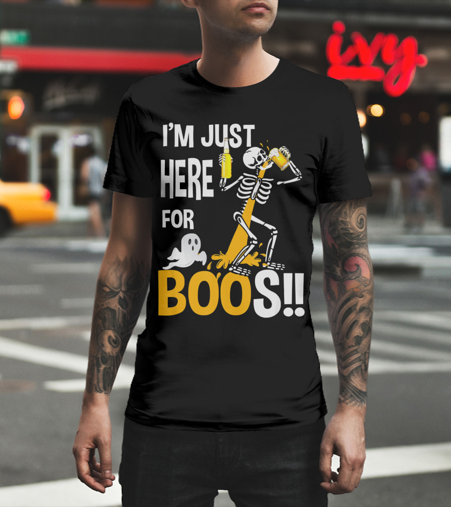 I'm Just Here For The BOOs Skeleton Drinking Ghost T-Shirt