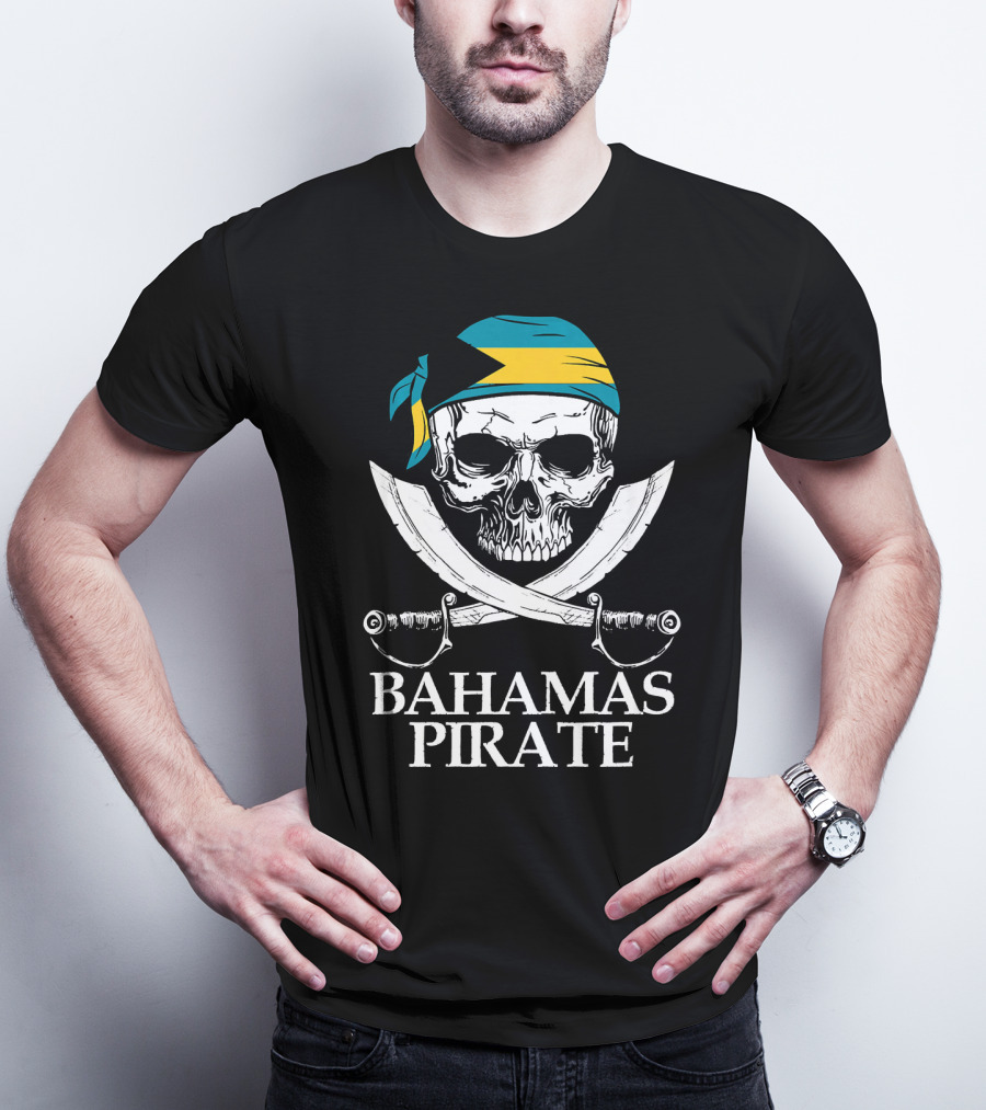 Bahamas Pirate Skull Crossed Cutlasses Jolly Roger Flag Bandana T-Shirt