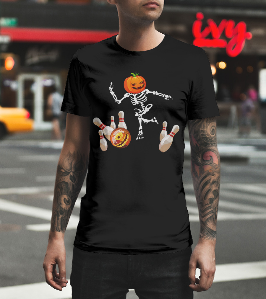 Funny Halloween Pumpkin Head Skeleton Bowling Scene T-Shirt