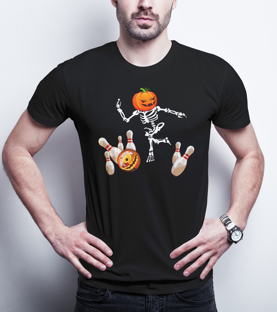 Funny Halloween Pumpkin Head Skeleton Bowling Scene T-Shirt