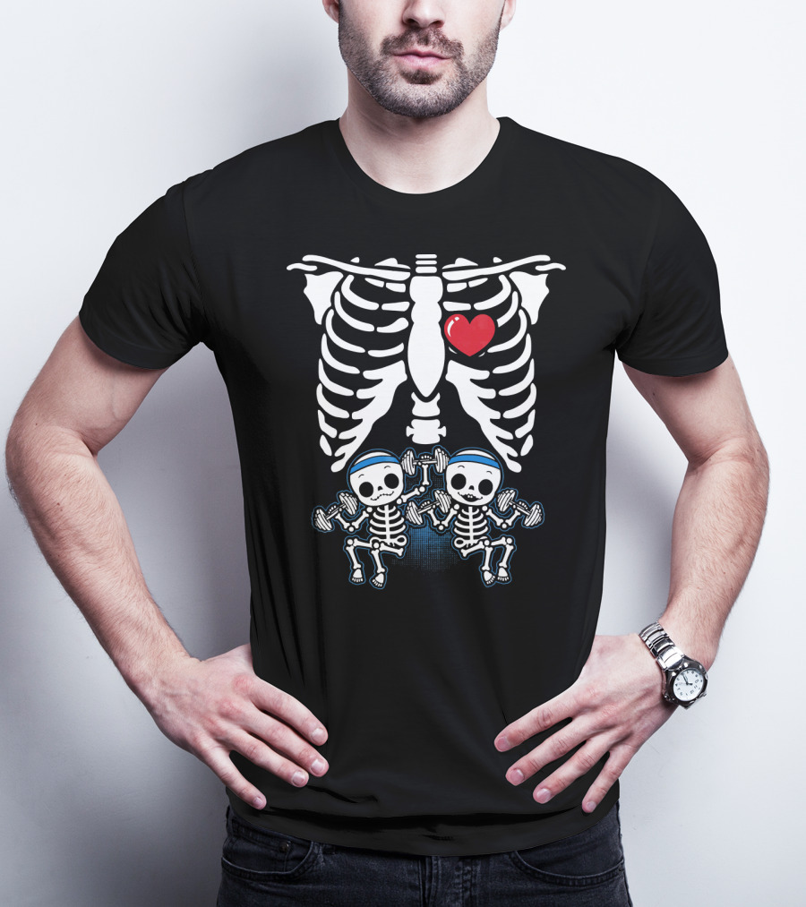 Funny Pregnant Mom Twins Babies Skeleton Rib Cage Heart T-Shirt