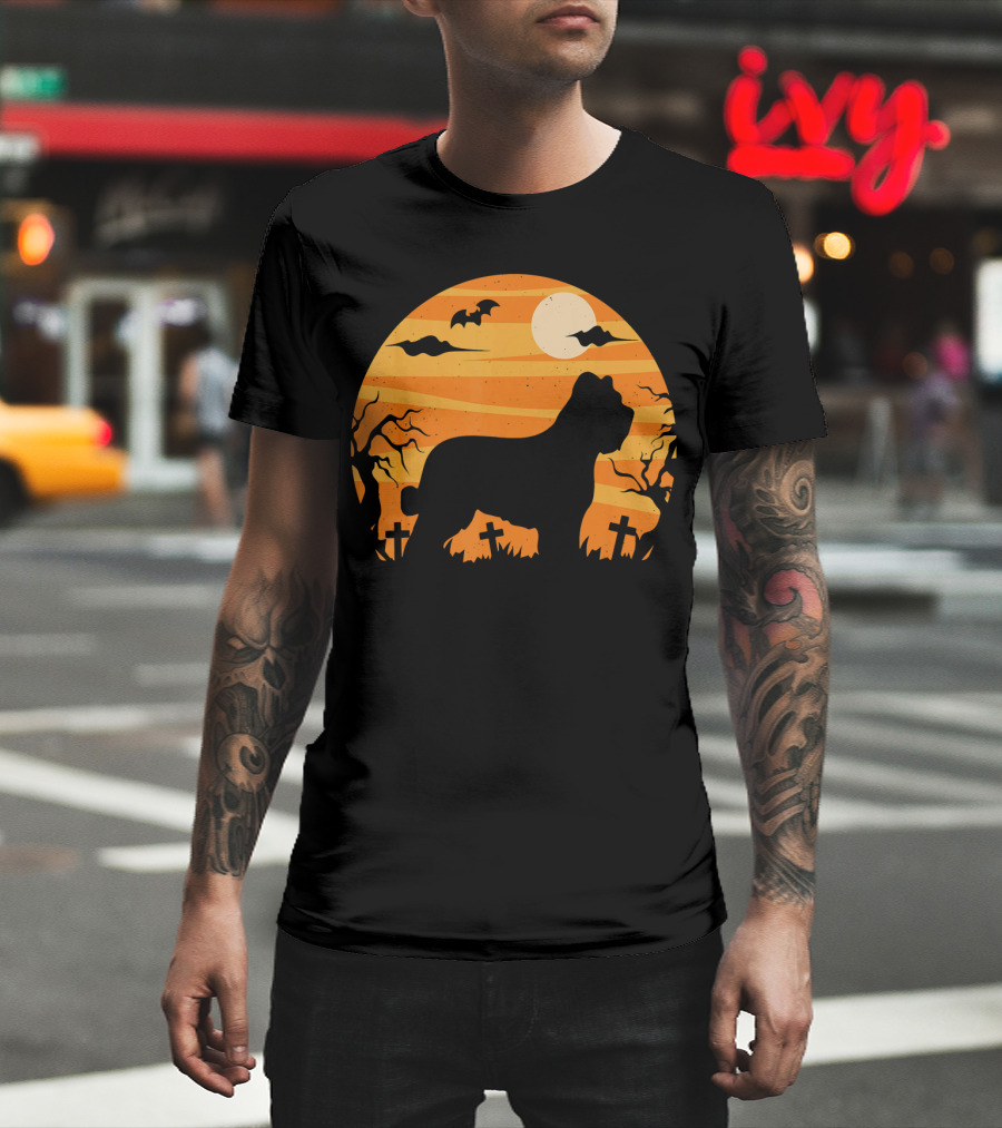 Briard Dog Halloween Moonlit Graveyard Scene T-Shirt