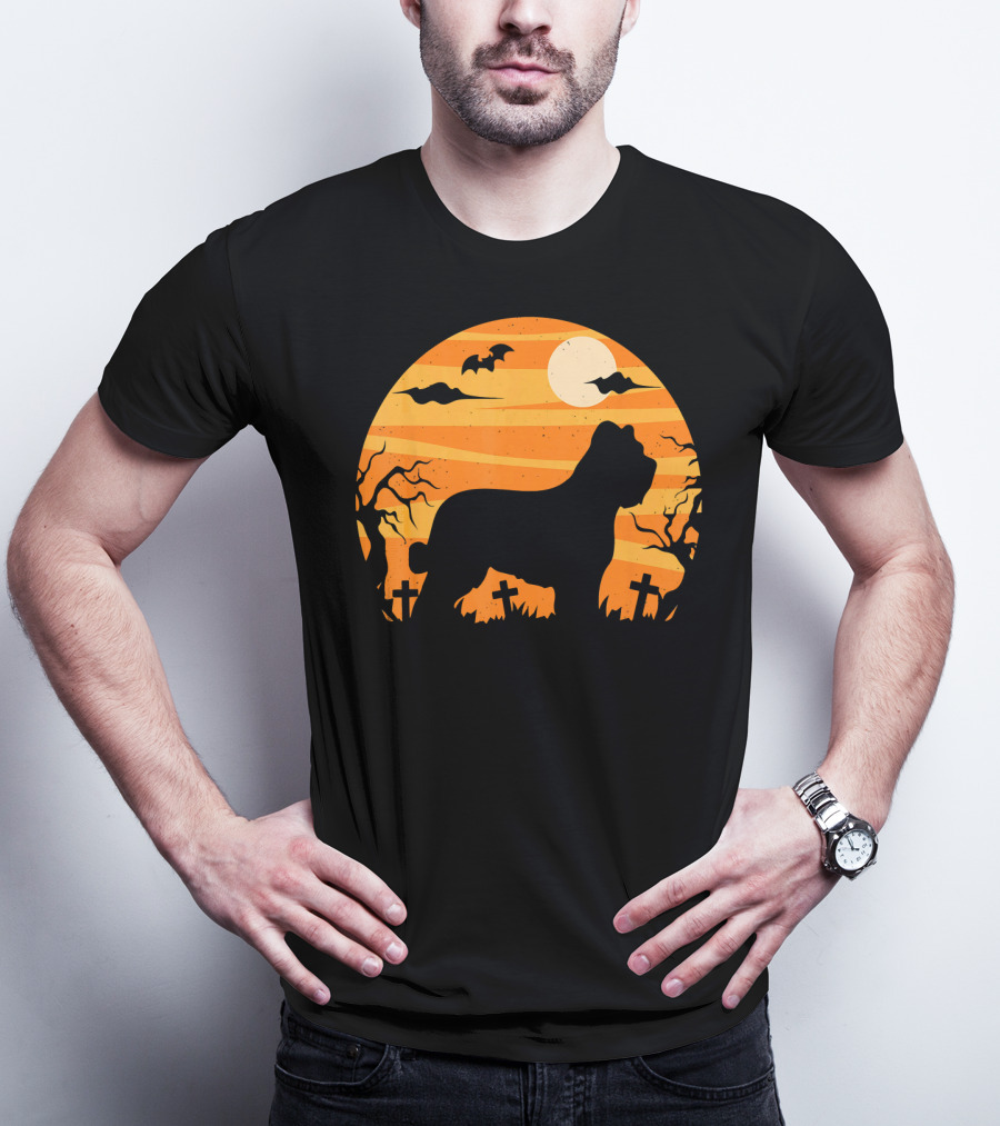 Briard Dog Halloween Moonlit Graveyard Scene T-Shirt