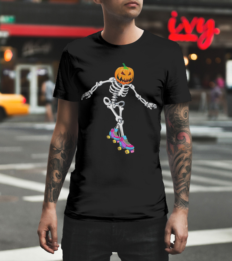 Halloween Skeleton Pumpkin Head Roller Skater T-Shirt