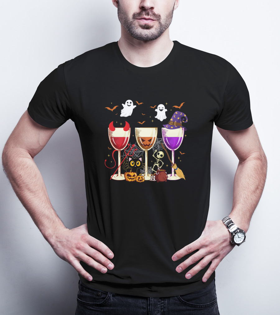 Halloween Wine Glasses Ghosts Pumpkins Bats Cat Skeleton Witches Hat T-Shirt