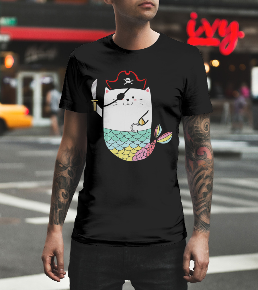 Halloween Mermaid Pirate Cat With Eye Patch And Sword T-Shirt