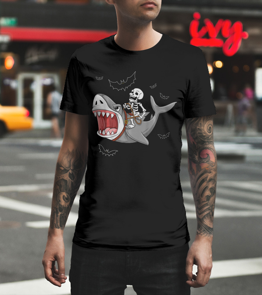 Skeleton Riding Shark Funny Halloween Bat T-Shirt