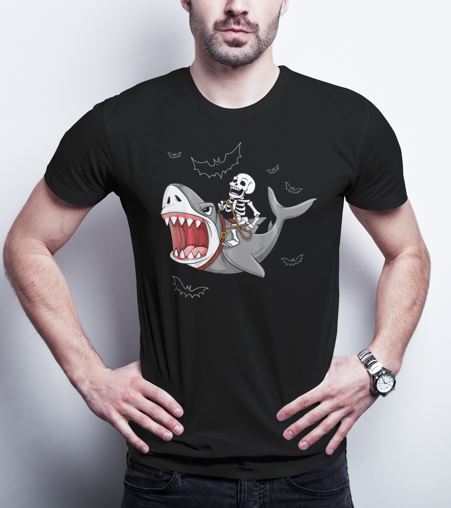 Skeleton Riding Shark Funny Halloween Bat T-Shirt