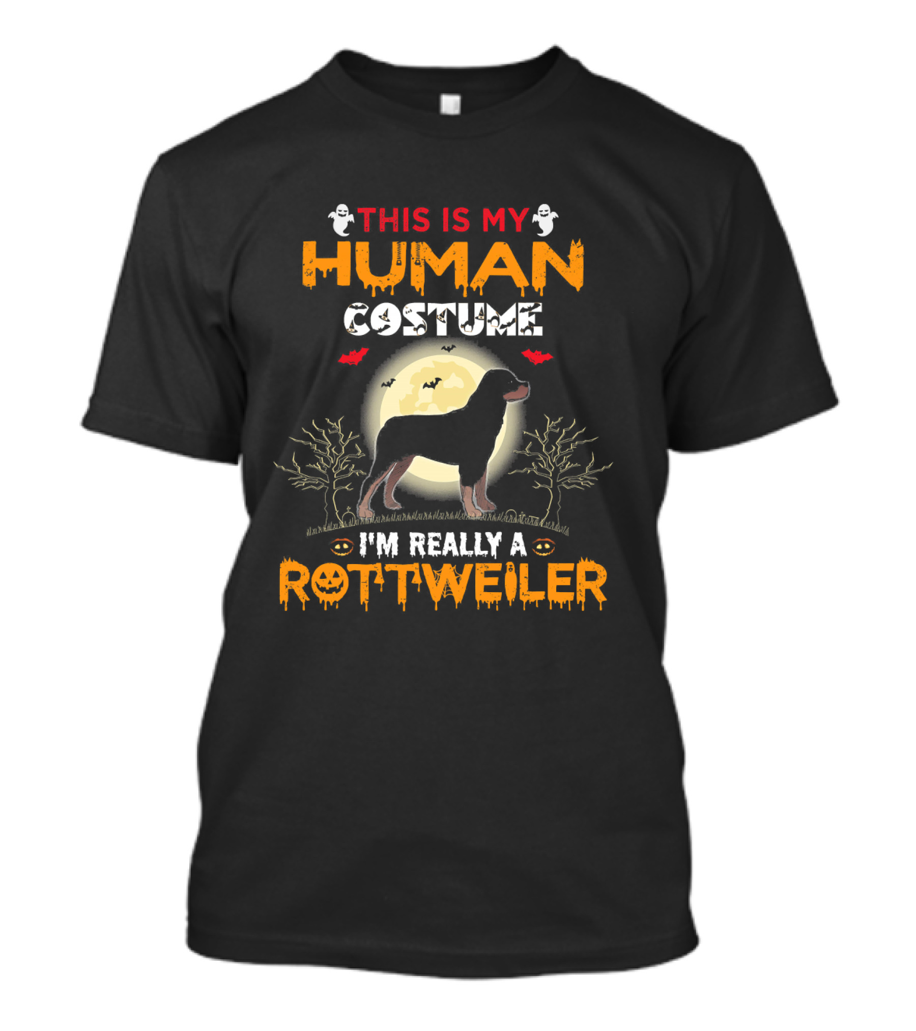 This Is My Human Costume I'm Really A Rottweiler Halloween Ghosts Bats Moon Trees T-Shirt
