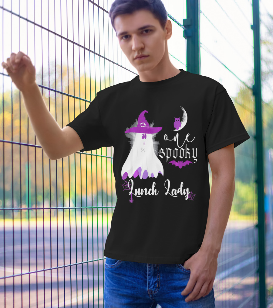 One Spooky Lunch Lady Halloween Ghost With Purple Bat And Moon T-Shirt