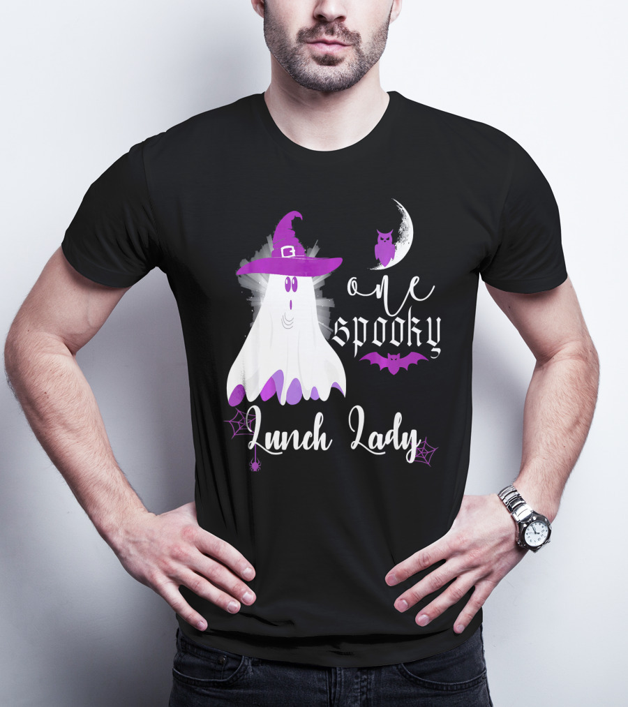 One Spooky Lunch Lady Halloween Ghost With Purple Bat And Moon T-Shirt