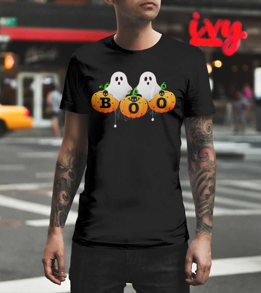 Boo Halloween Ghosts With Spiders And Pumpkins T-Shirt