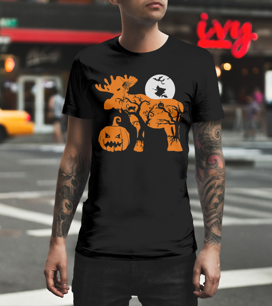 Witch Bat Moon Pumpkin Moose With Spider Web T-Shirt