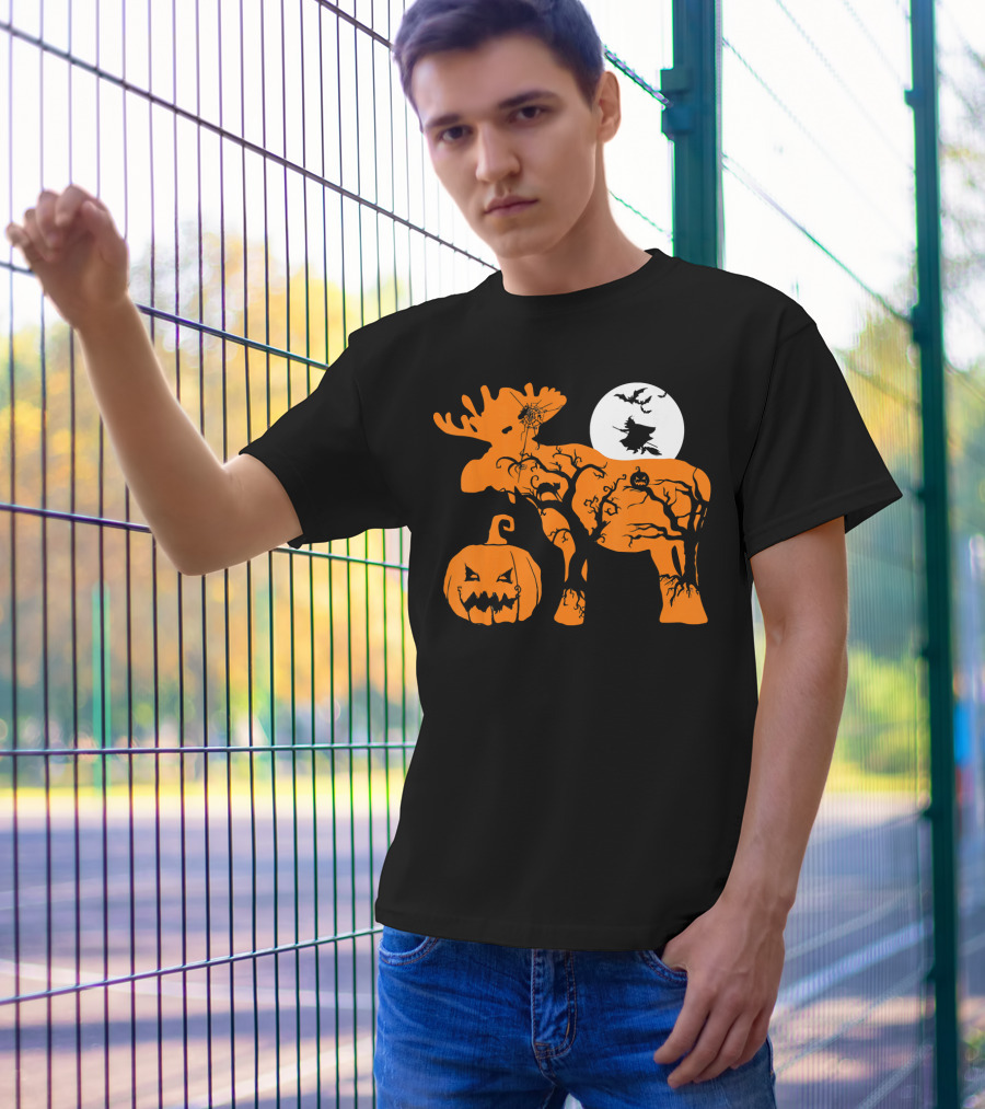 Witch Bat Moon Pumpkin Moose With Spider Web T-Shirt