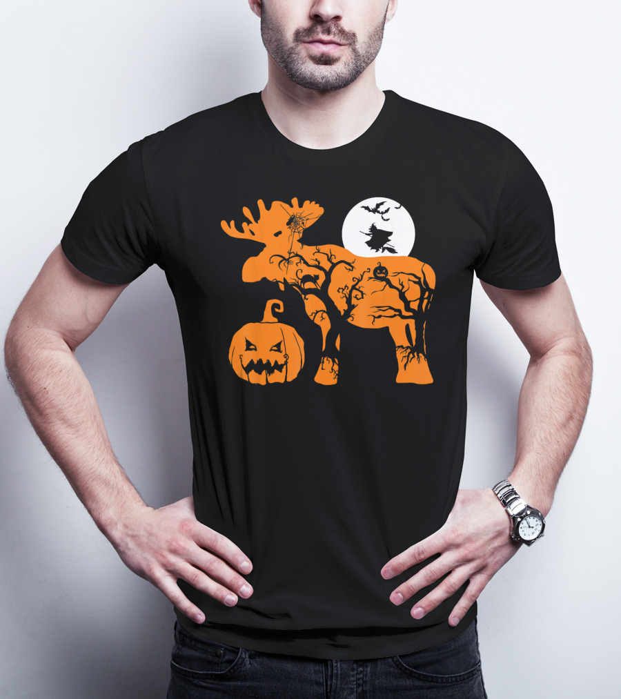 Witch Bat Moon Pumpkin Moose With Spider Web T-Shirt