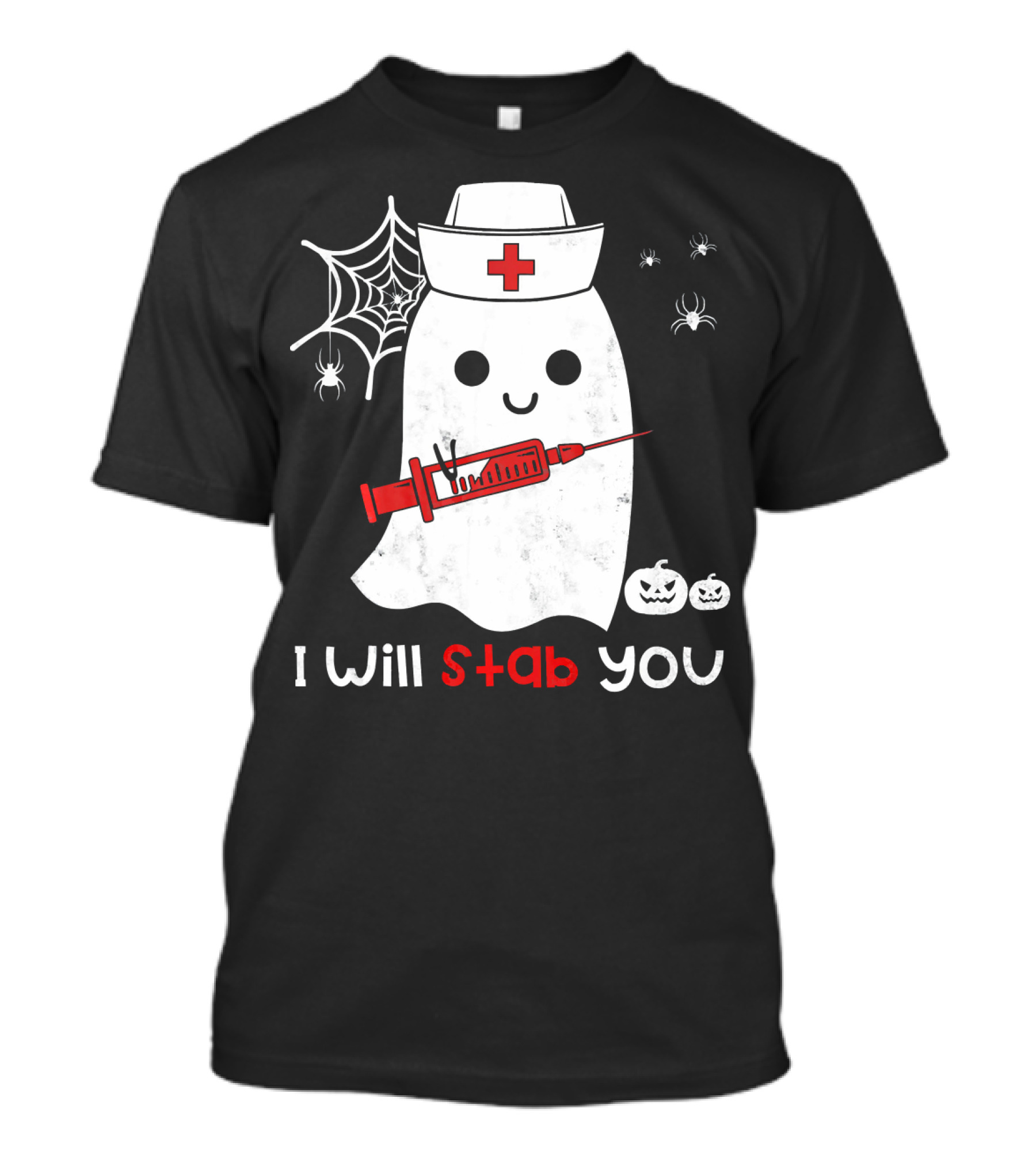 Nurse Ghost I Will Stab You Halloween Spiders Pumpkins T-Shirt