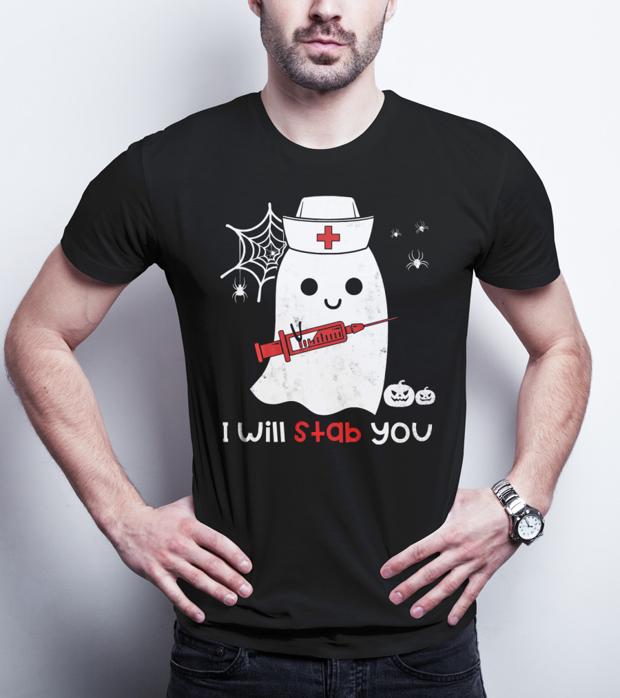 Nurse Ghost I Will Stab You Halloween Spiders Pumpkins T-Shirt