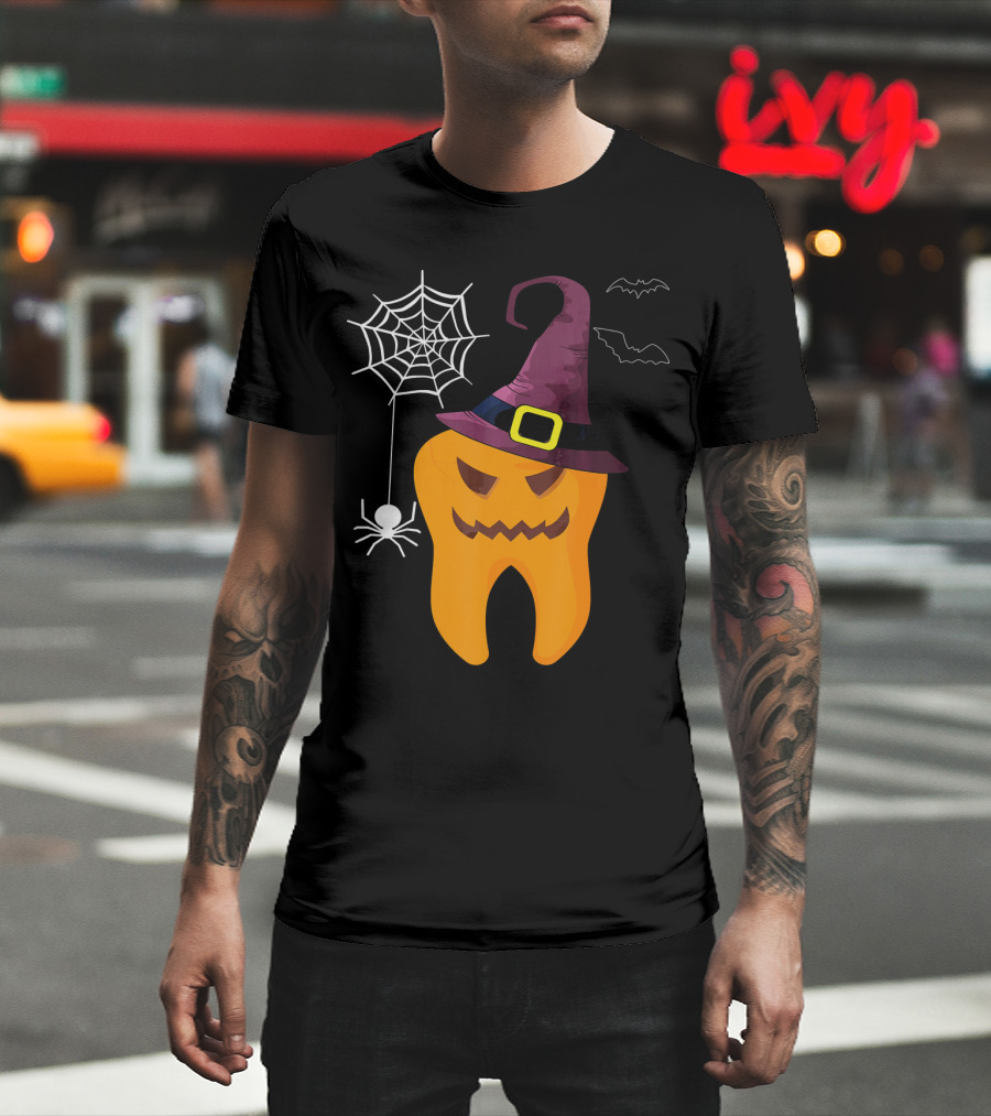 Halloween Dental Witch Dentist Tooth With Spider And Hat T-Shirt