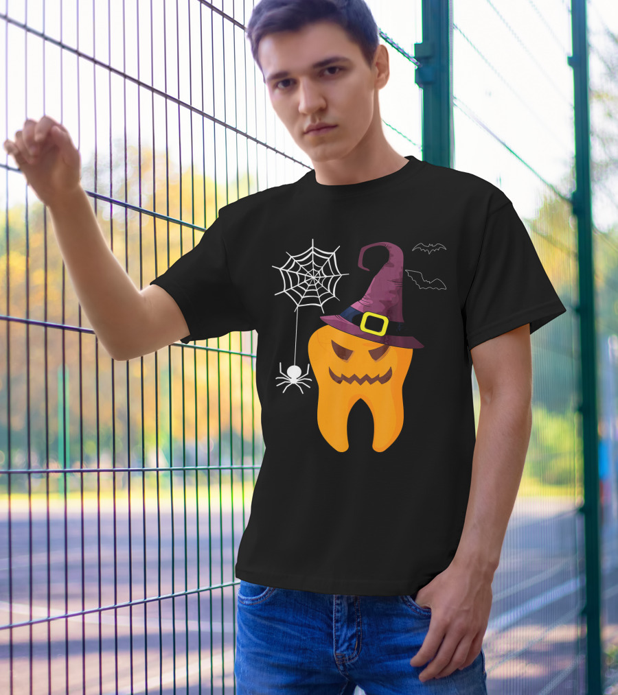Halloween Dental Witch Dentist Tooth With Spider And Hat T-Shirt