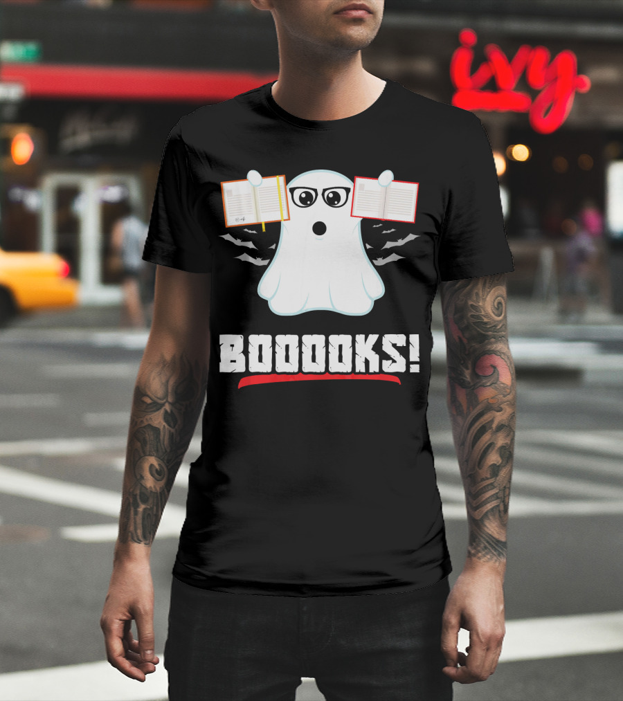 BOOOOKS Boo Ghost Reading Book Lib With Bats And Glasses T-Shirt