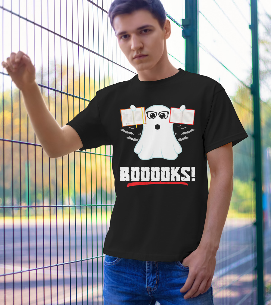 BOOOOKS Boo Ghost Reading Book Lib With Bats And Glasses T-Shirt