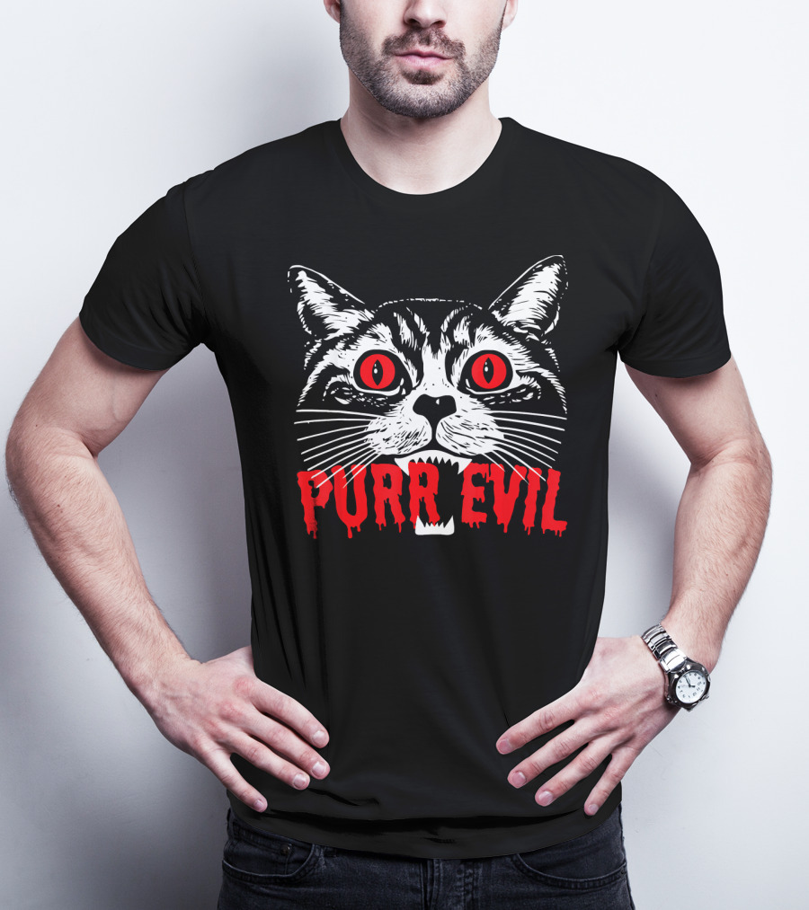 Purr Evil Satanic Cat Red Eyes Halloween T-Shirt