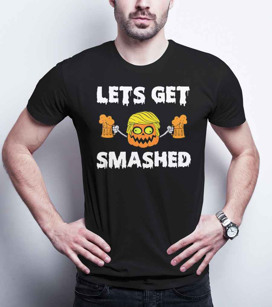Lets Get Smashed Pumpkin Holding Beer Mugs With Blonde Hair T-Shirt