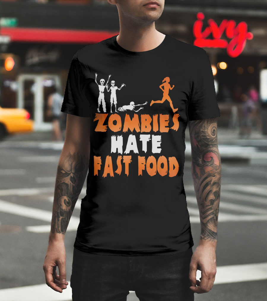 Zombies Hate Fast Food Skeletons Chasing Runner T-Shirt
