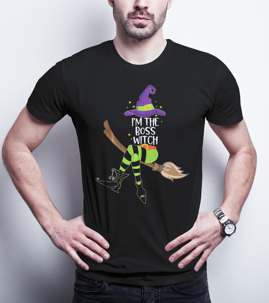 I'm The Boss Witch Halloween Witch Hat Broomstick Stripes T-Shirt