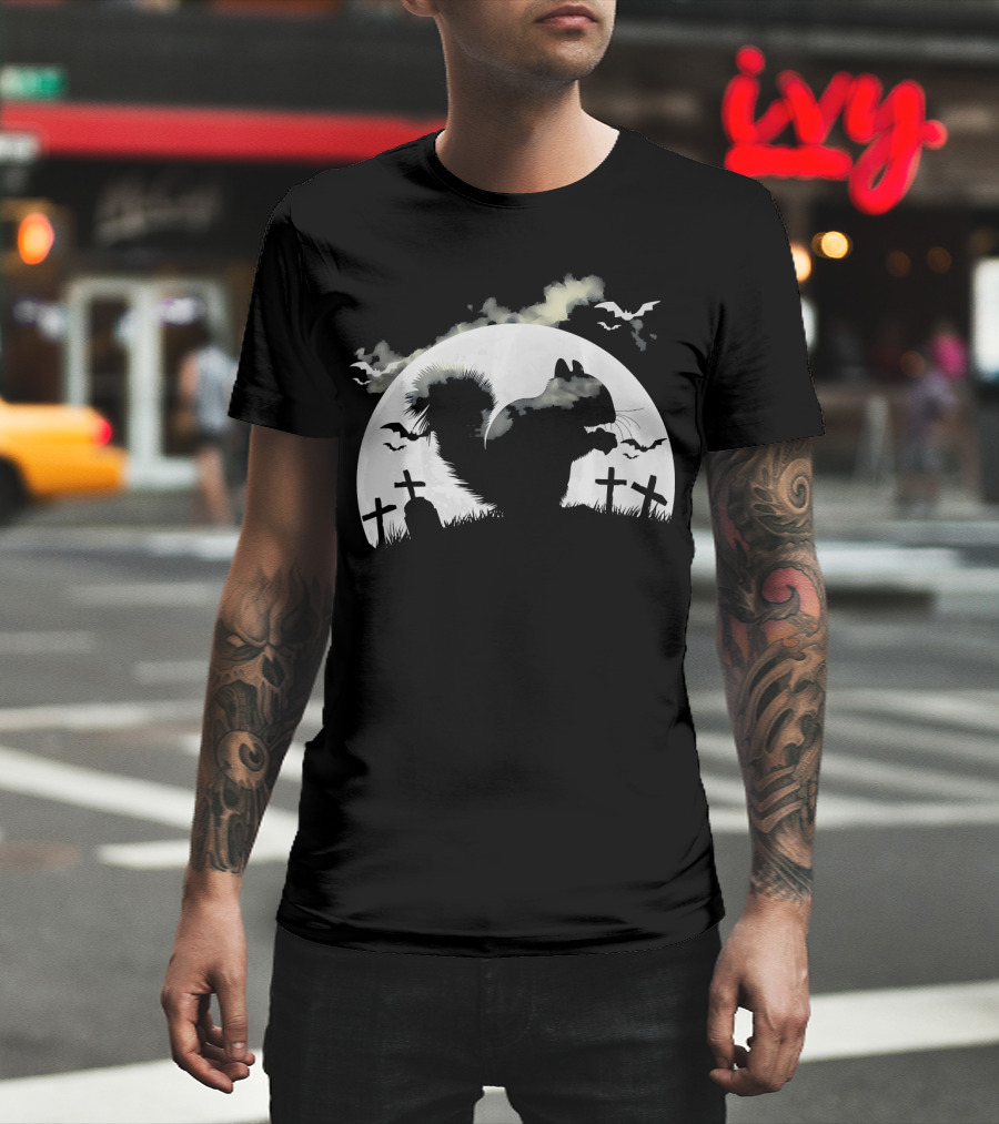 Spooky Halloween Rodent In Graveyard With Full Moon And Bats T-Shirt
