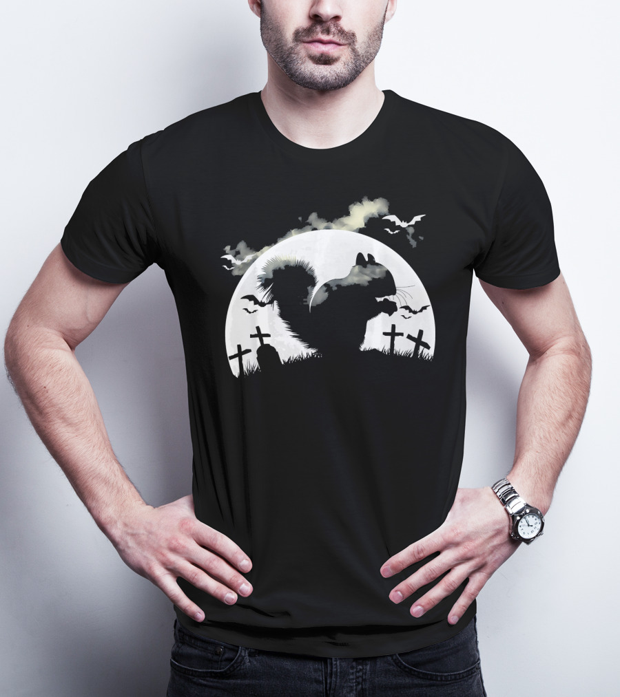 Spooky Halloween Rodent In Graveyard With Full Moon And Bats T-Shirt