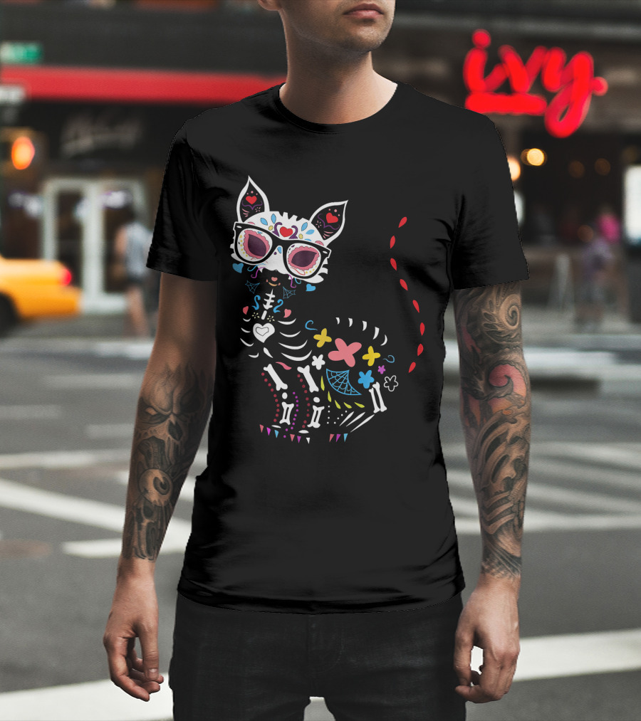 Colorful Day Of The Dead Black Cat Halloween T-Shirt