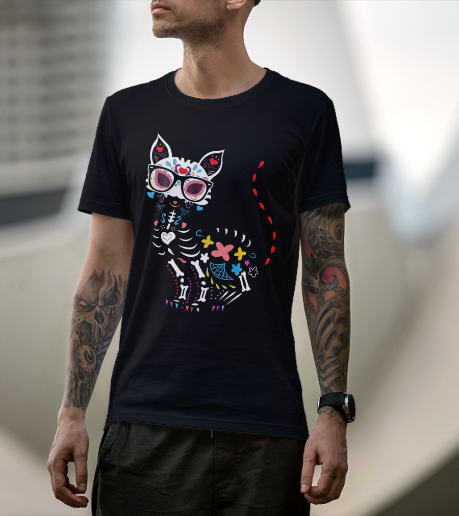 Colorful Day Of The Dead Black Cat Halloween T-Shirt