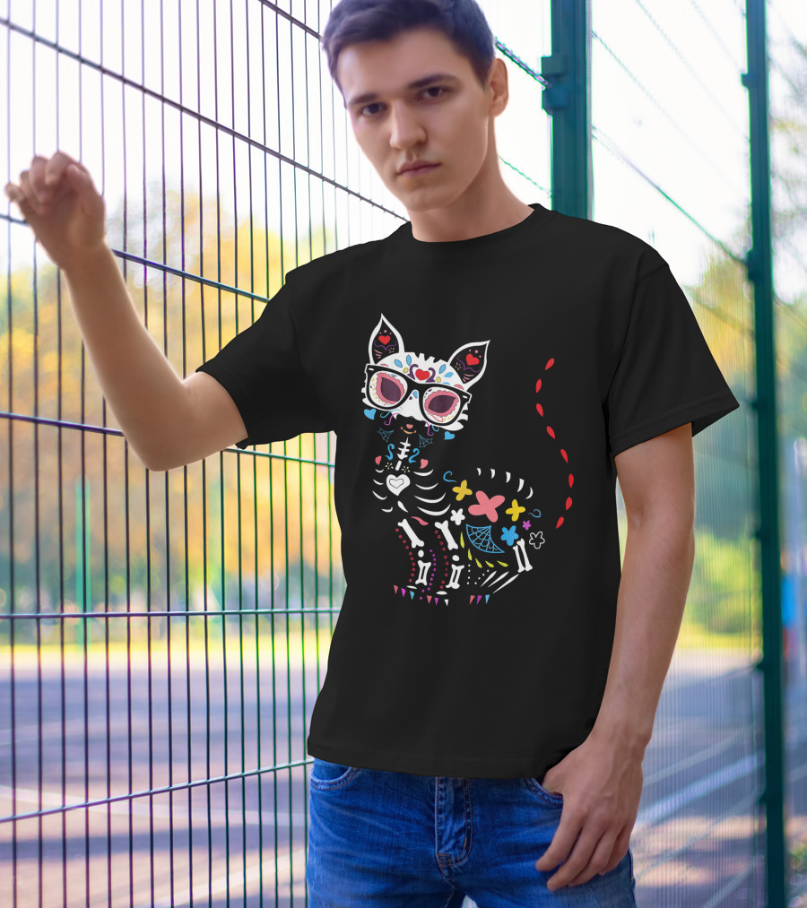 Colorful Day Of The Dead Black Cat Halloween T-Shirt