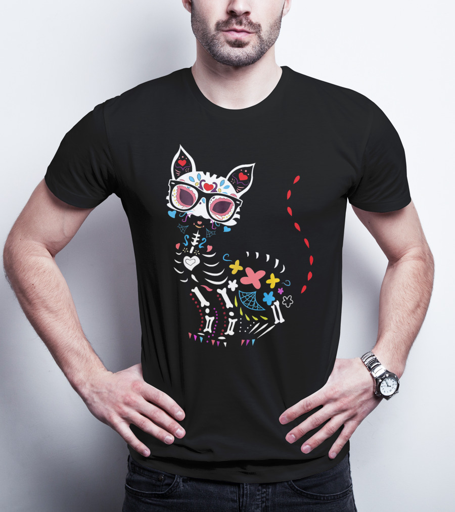 Colorful Day Of The Dead Black Cat Halloween T-Shirt