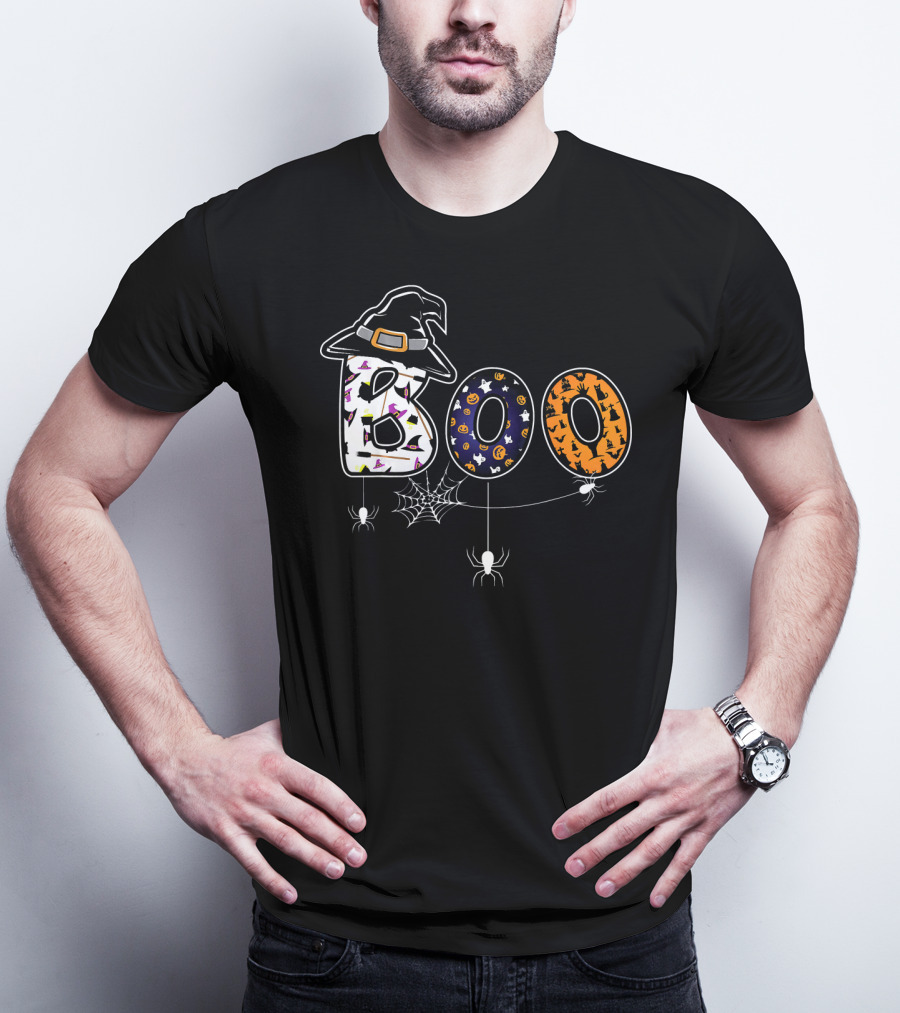 Boo Halloween Witch Hat Spider Web Letters T-Shirt