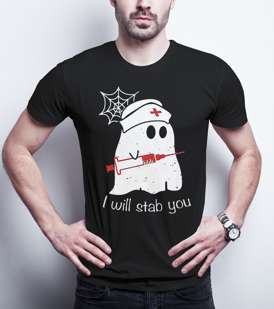 I Will Stab You Ghost Nurse Fun Halloween Syringe Spider Web T-Shirt