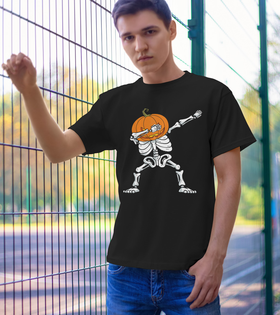 Halloween Dabbing Skeleton Pumpkin Trendy Dance Pose T-Shirt