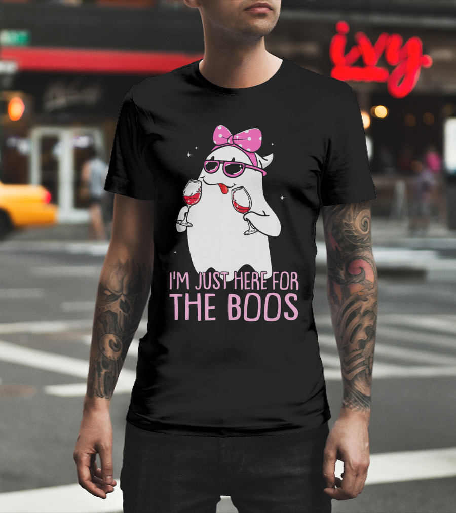 I'm Just Here For The Boos Wine Lover Ghost With Bow And Sunglasses T-Shirt