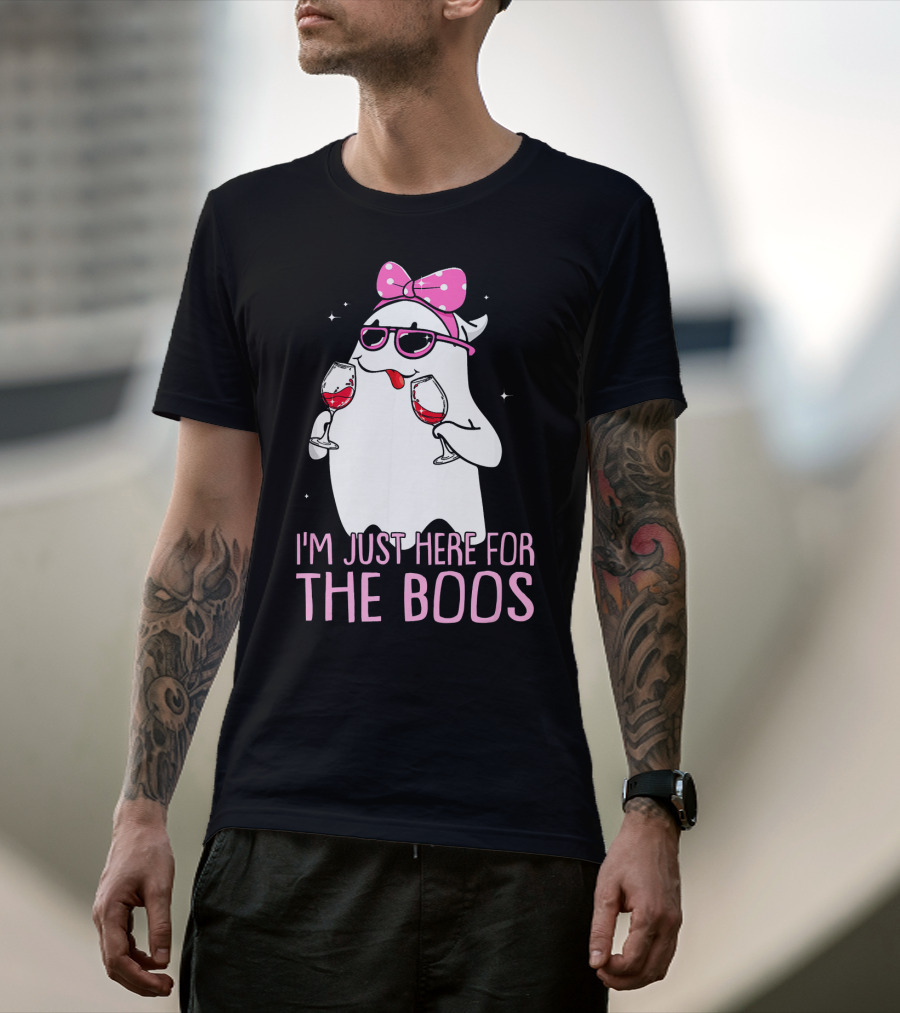 I'm Just Here For The Boos Wine Lover Ghost With Bow And Sunglasses T-Shirt