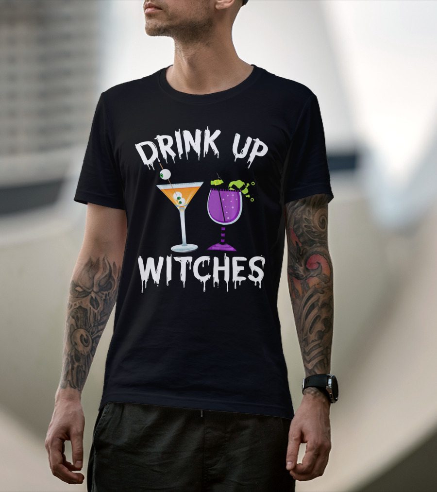 Drink Up Witches Funny Halloween Pun Cocktail Eyeball And Broomstick Drinks T-Shirt