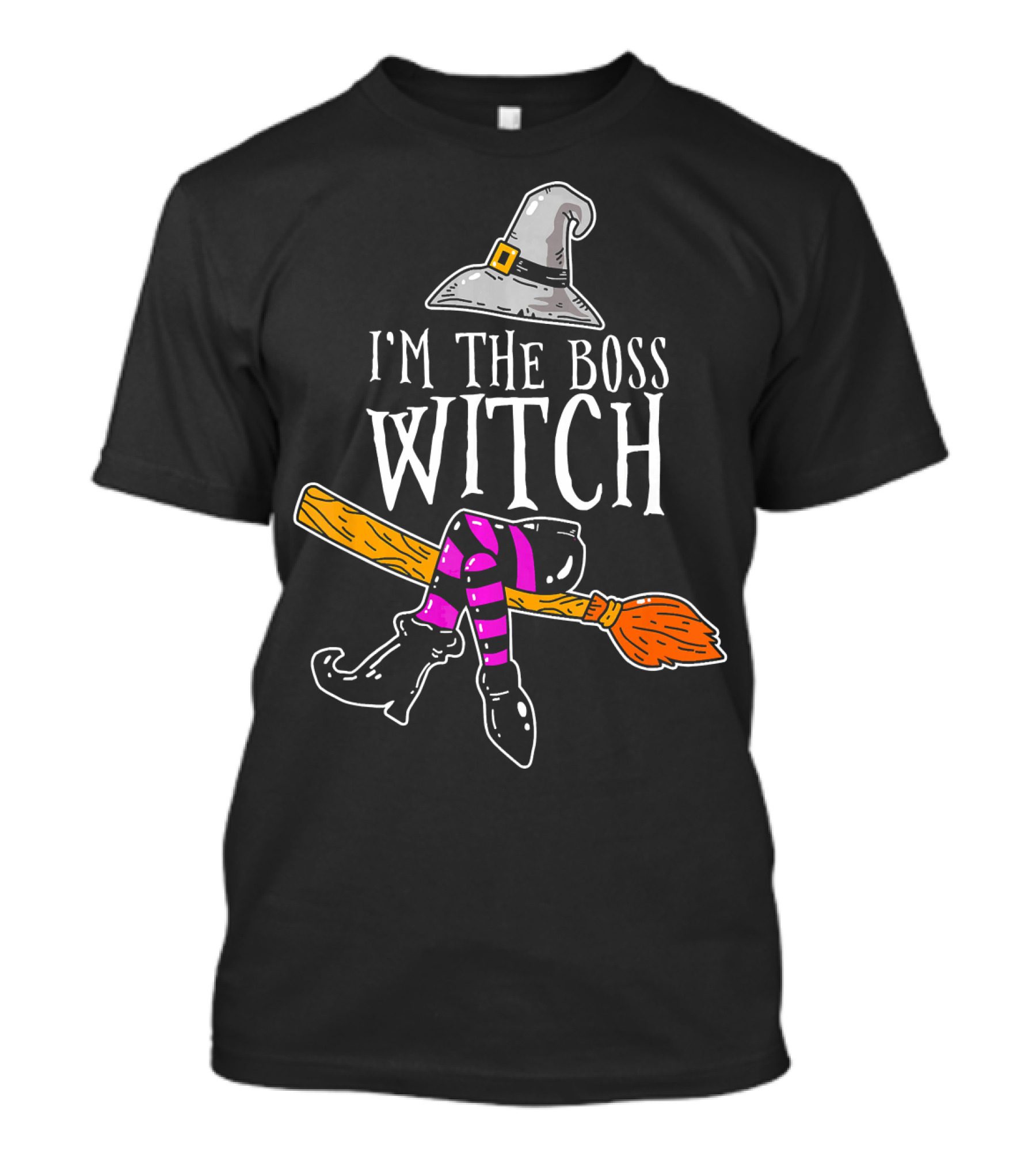 I'm The Boss Witch Funny Halloween Hat Broomstick Boots Striped Socks T-Shirt