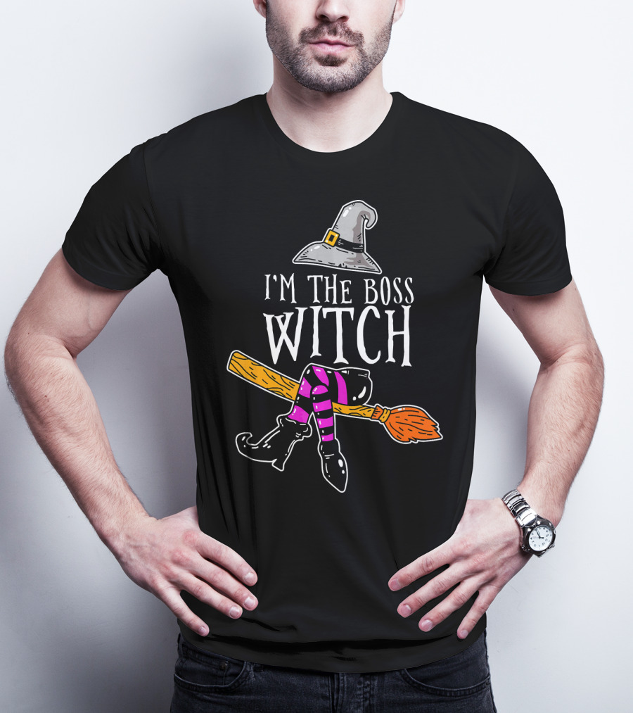I'm The Boss Witch Funny Halloween Hat Broomstick Boots Striped Socks T-Shirt
