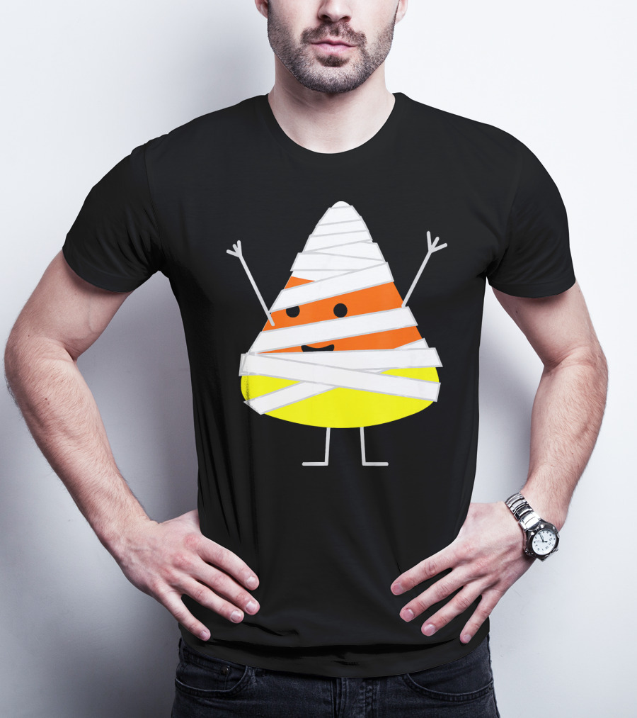 Mummy Wrapped Cartoon Candy Corn Halloween T-Shirt
