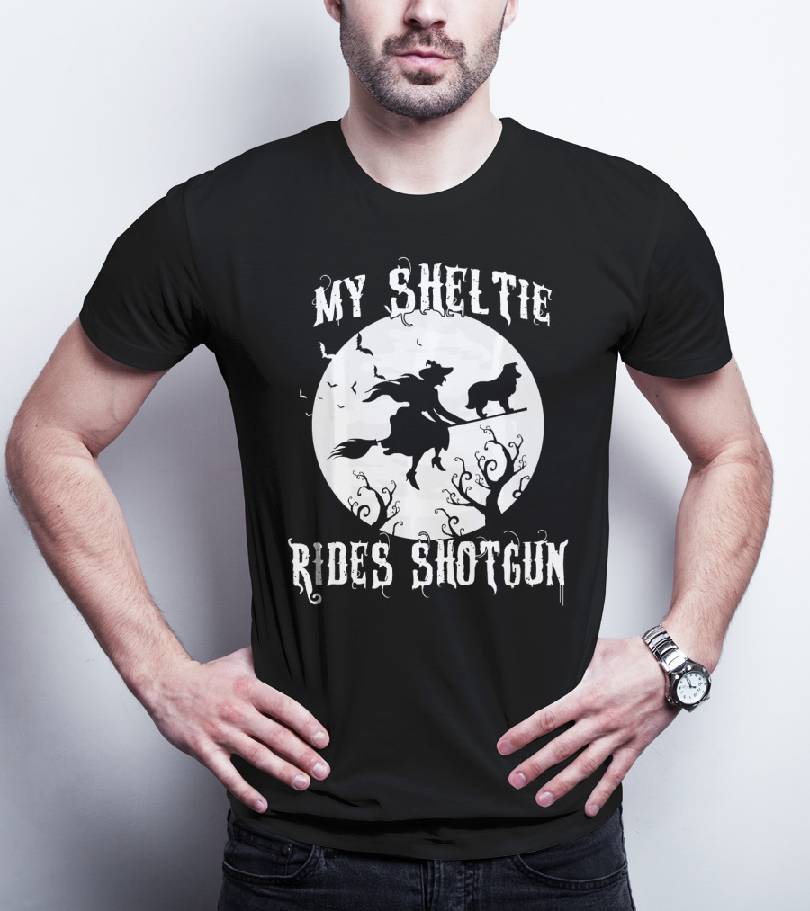 My Sheltie Rides Shotgun Halloween Witch Moon Scene T-Shirt