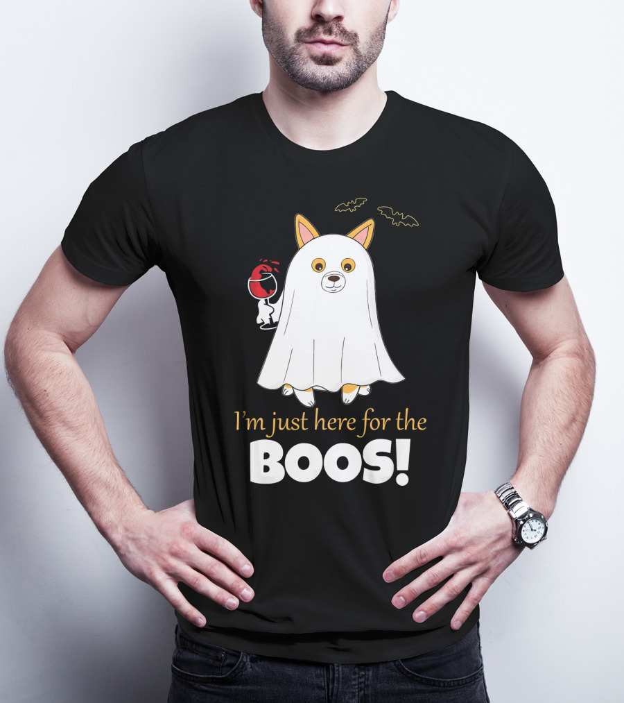 I'm Just Here For The Boos Corgi With Wine And Bat Decorations T-Shirt