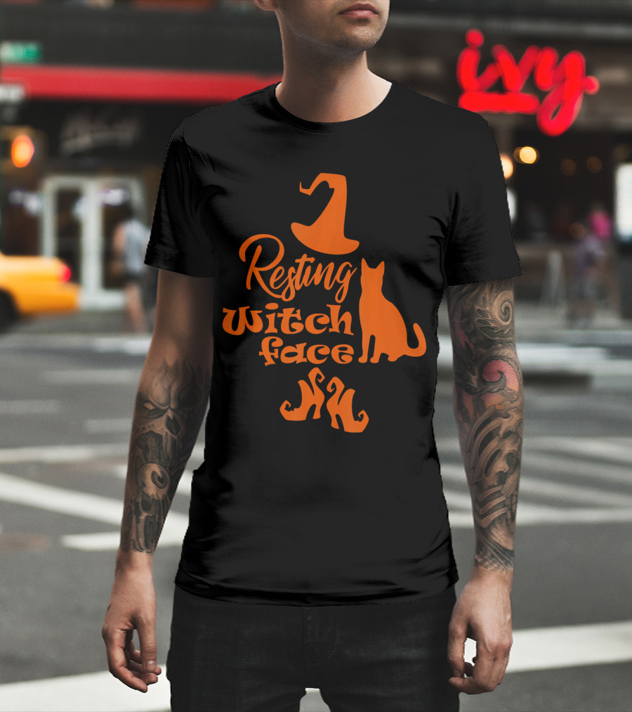 Resting Witch Face Halloween Cat Witch Hat Shoes T-Shirt